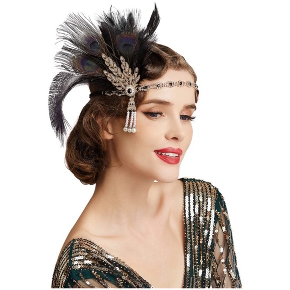 Accessories | Peacock Black Feather Gold Tone Flapper Headpiece | Poshmark